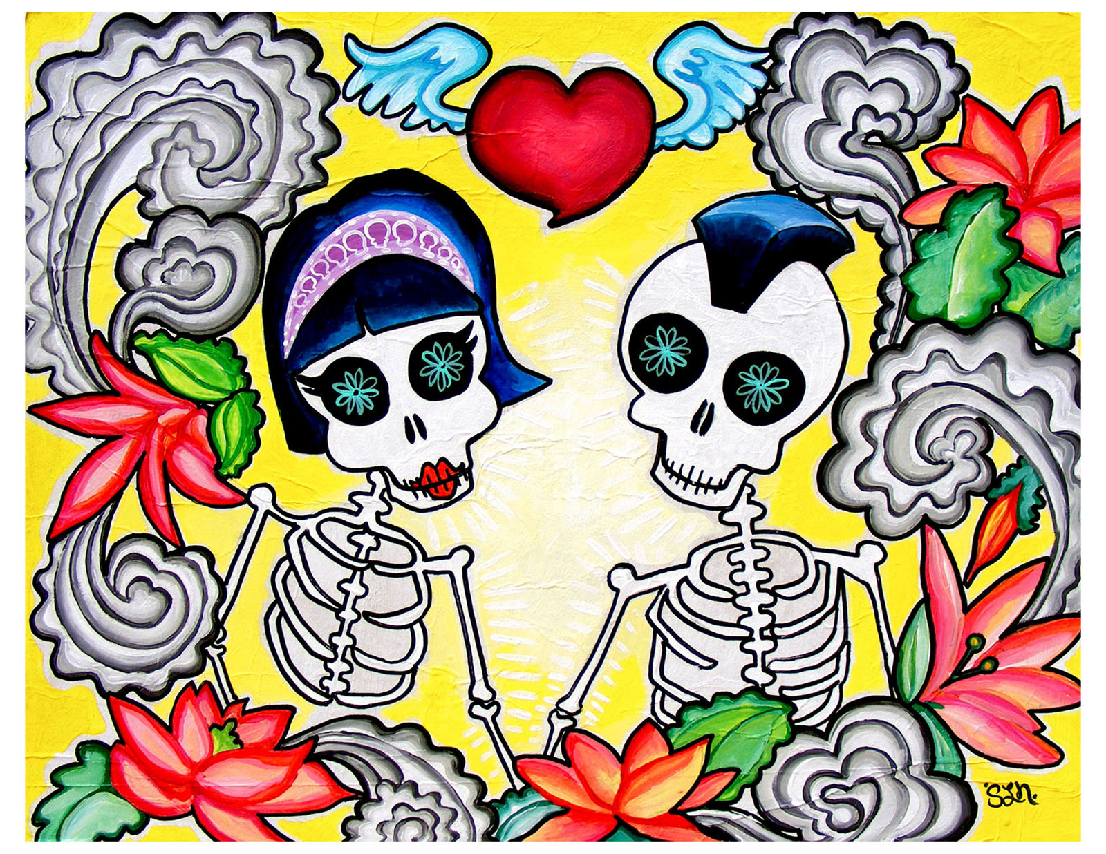 Day Of The Dead Art Print - Rockabilly Punk Couple In Love - Tattoo ...